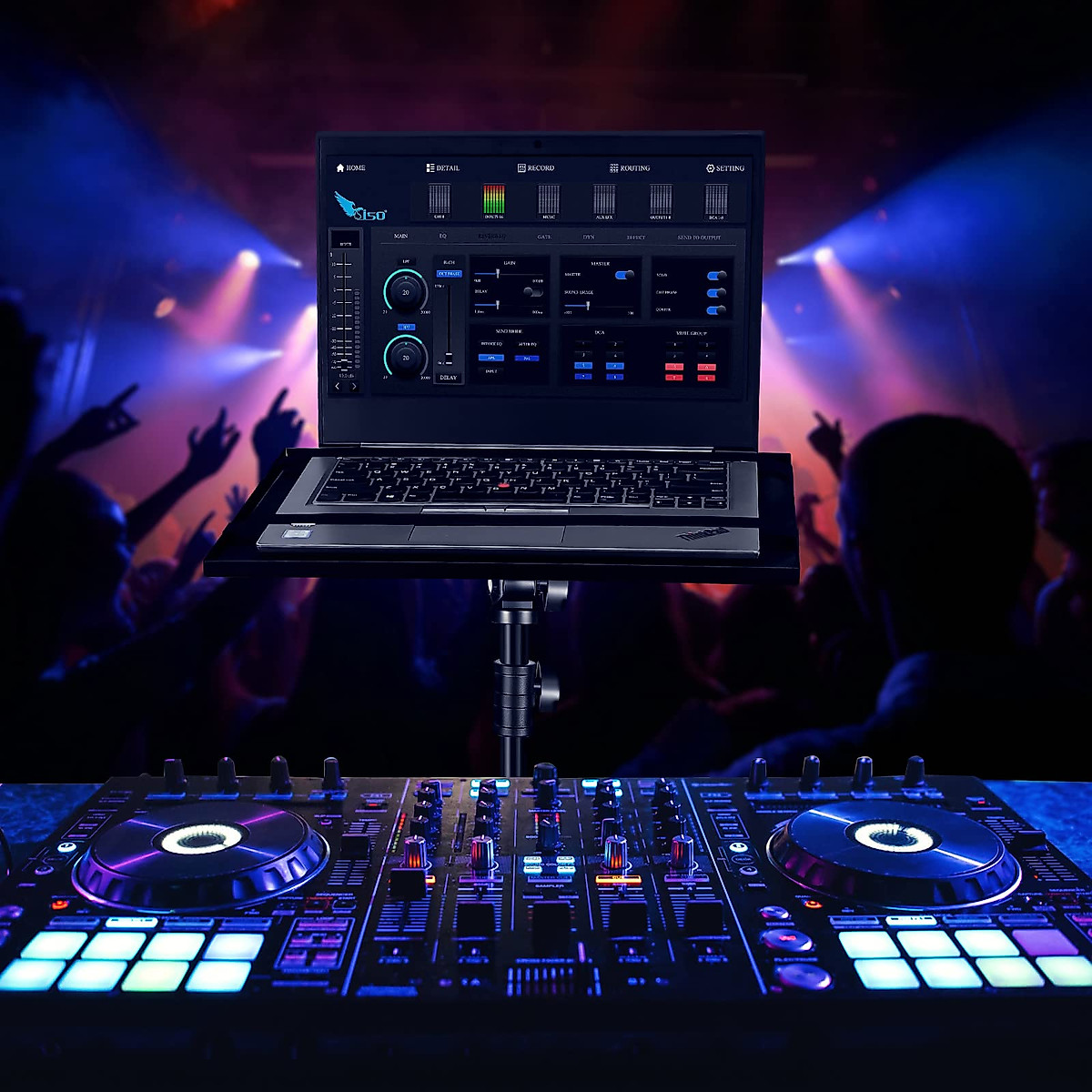 SanLead Projector Laptop Tripod Stand, Portable Tripod Shelf DJ Laptop Stand Height Adjustable Up to 54 Inches Projector Mount with Gooseneck Phone Holder, Detachable Universal Tripod Stand, Black