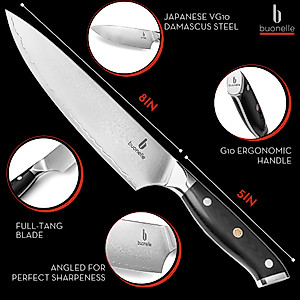 Japanese Damascus Chef Knife with Whetstone Sharpener – 8 inch Professional VG10 Chefs Knife – Full Tang Sharp Japanese Chef Knife with G10 Handle and Protective Sheath