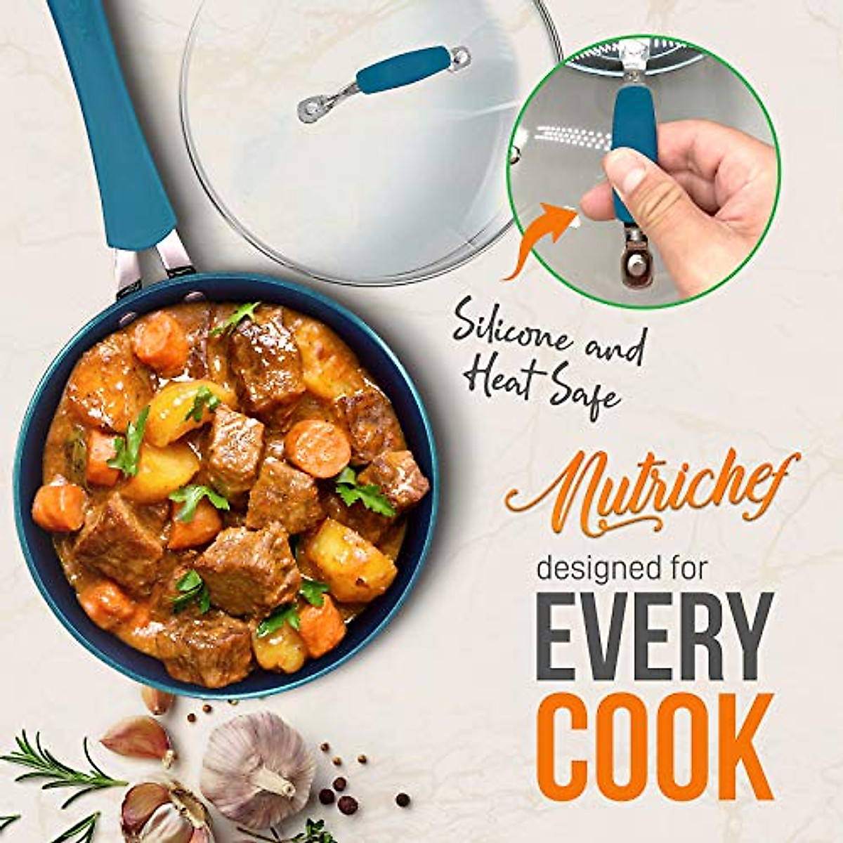 NutriChef Nonstick Cookware Excilon | Home Kitchen Ware Pots & Pan Set with Saucepan, Frying Pans, Cooking Pots, Lids, Utensil PTFE/PFOA/PFOS Free, 11 Pcs, Royal Blue