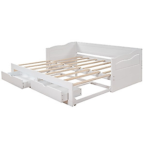 Flieks Wooden Daybed with Trundle Bed and Two Storage Drawers Twin Bed to King Design Sofa Bed, 77.2" L x76.4 W Extendable Bed Daybed for Bedroom Living Room
