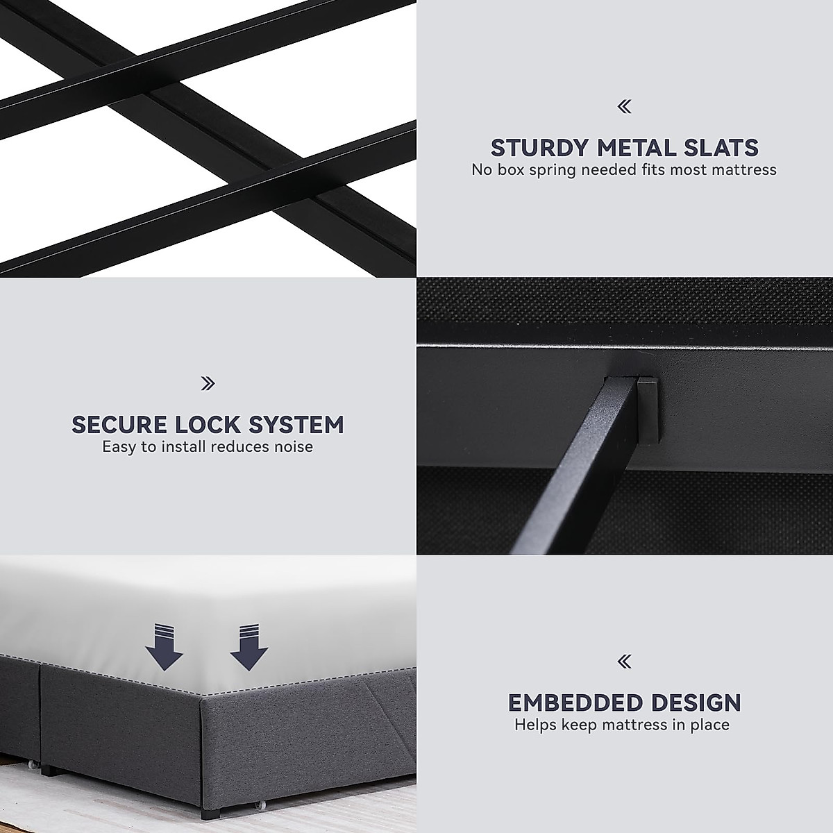 COMHOMA Bed Frame Queen Size with Type-C & USB, Queen Size Bed Frame with 3 Storage Drawers, Upholstered Bed Frame Queen with Wingback Headboard, Steel Slats Support, Dark Grey