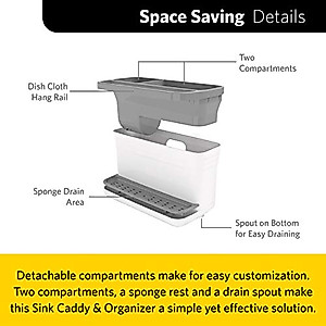 Glad Kitchen Sink Organizer Caddy with 2 Compartments | Sponge Holder for Soap, Scrubber Brush, and Dish Cloth | Drain Holes and Pour Spout Keeps Countertop Dry
