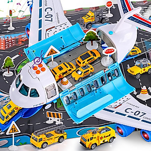 Bennol Spray Airplane Toys for Boys, Large Transport Cargo Airplane with 6 Construction Vehicle 10 Road Signs 1 Play Mat with Lights Sounds, Christmas Birthday Gifts for 3 4 5 6 7 8 Year Olds Boys