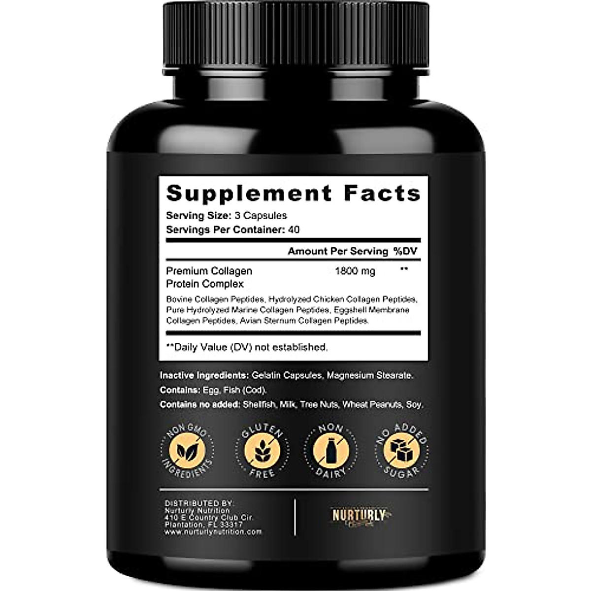 NURTURLY Multi Collagen Peptides Powder Capsules - Hydrolyzed Collagen Peptides Types (I, II, III, V & X) - Collagen Supplements for Joint Health, Anti-Aging, Hair, Skin & Nails - 120 Capsules