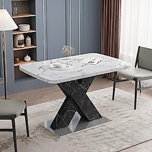 Mcltopz Extendable Marble Dining Table, Marble Dining Table for 4-6, Expandable Dining Table with White Faux Marble Top and X Crossed Pedestal Base, Rectangular Kitchen Table for Dining Room Kitchen