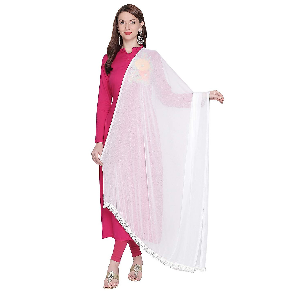 DUPATTA BAZAAR Woman's White Chiffon Dupatta with lace on border.