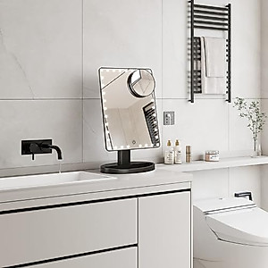 FUNTOUCH Large Lighted Vanity Makeup Mirror (X-Large Model), Light Up Mirror with 35 LED Lights, Touch Screen and 10X Magnification Mirror, 360° Rotation Tabletop Cosmetic Mirror (Black)