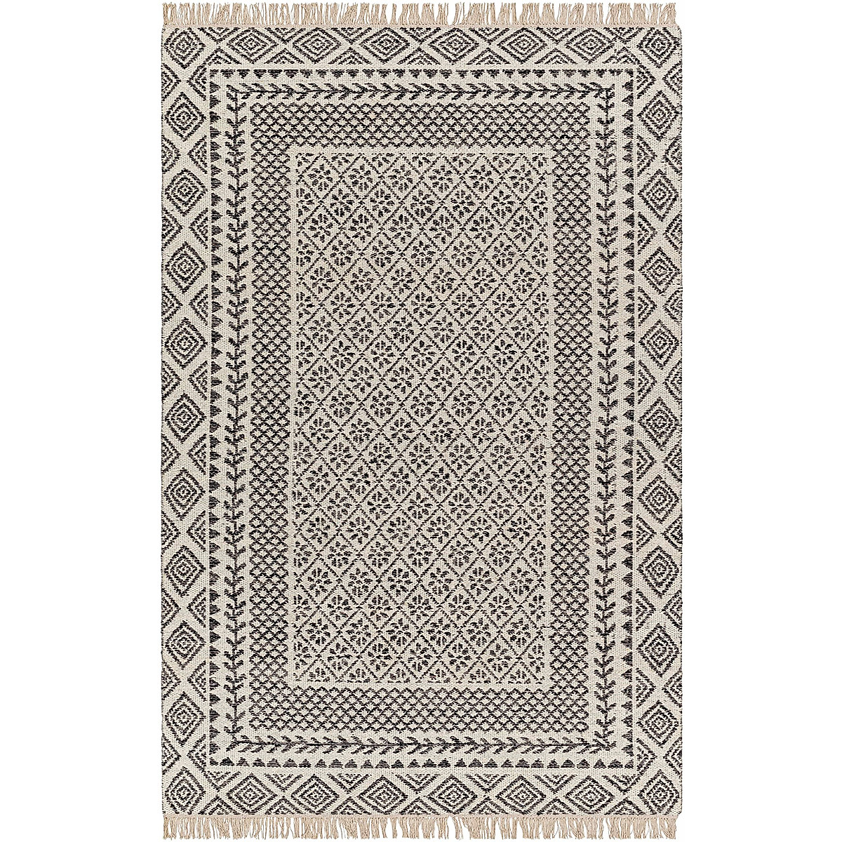 Hauteloom Hulda Wool Living Room, Bedroom Area Rug - Bordered - Boho, Bohemian Carpet - Modern Farmhouse - Gray, Black, White - 8' x 10'