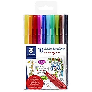 STAEDTLER triangular broad liner, triplus broadliner, 0.8mm metal-clad tip, journaling and hand lettering pen, set of 10 assorted colors, 338 TB10A6