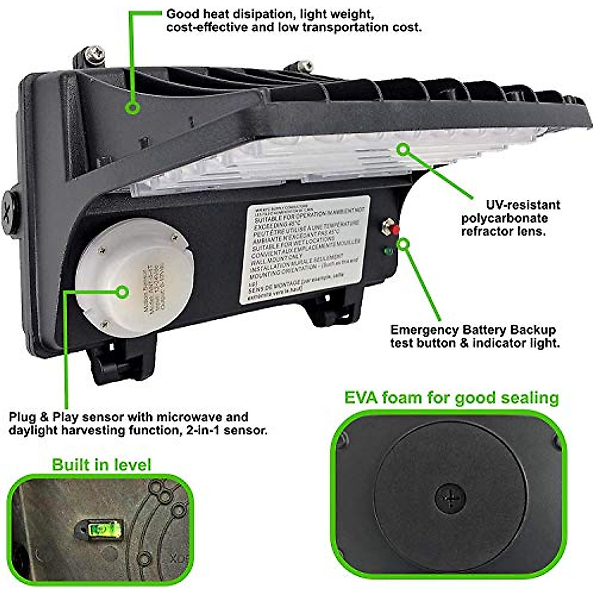 E2 Lighting-LED Full Cut-Off Wall pack-60W with 2-in-1 Motion Sensor and Daylight Harvest, 90 Minutes Emergency Battery Backup, Wall Mount, dimmable, ROHS - UL, and DLC Certified