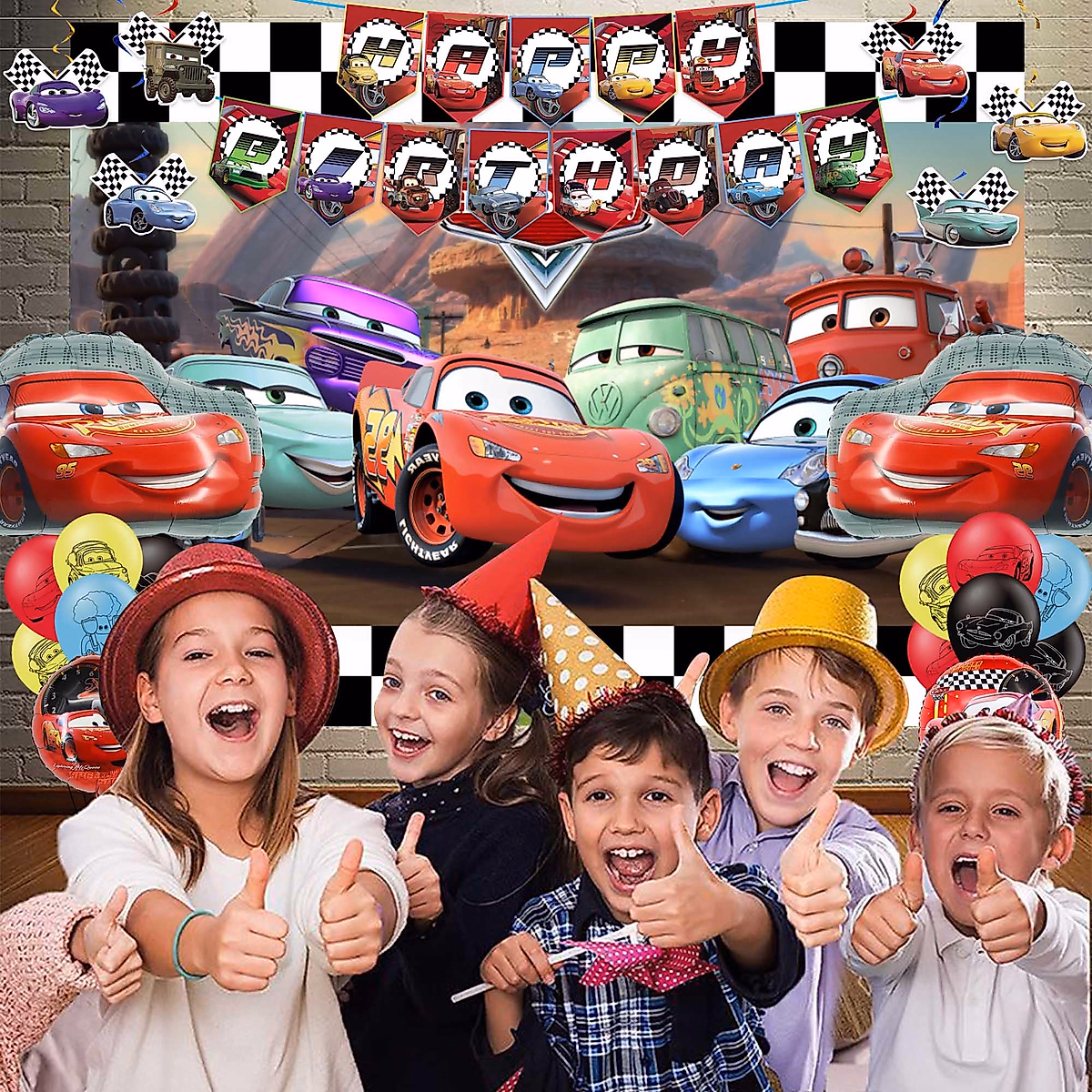 Cars Birthday Party Supplies, Lightning McQueen Birthday Party Supplies Include Banner, Foil Balloons, Backdrop, Cupcake Toppers for Lightning McQueen Cars Birthday Party Favor