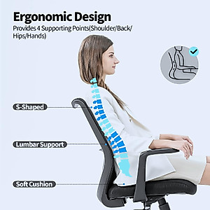 Desk Chair, Ergonomic Office Chair with Movable Cushion Lumbar Support, Mesh Chair with Fixed Armrest and PU Wheels Tilting & Height Adjustment Desk Chair, Black