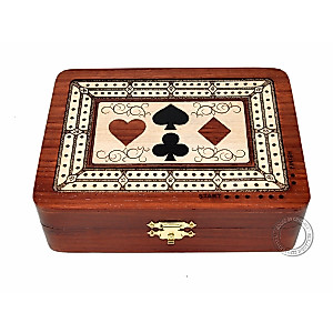 House of Cribbage - 2 Track - Wooden Cribbage Board/Box - Inlaid in Bloodwood/Maple Wood - Storage for Pegs & One Deck of Cards - 60 Points - Non Continuous