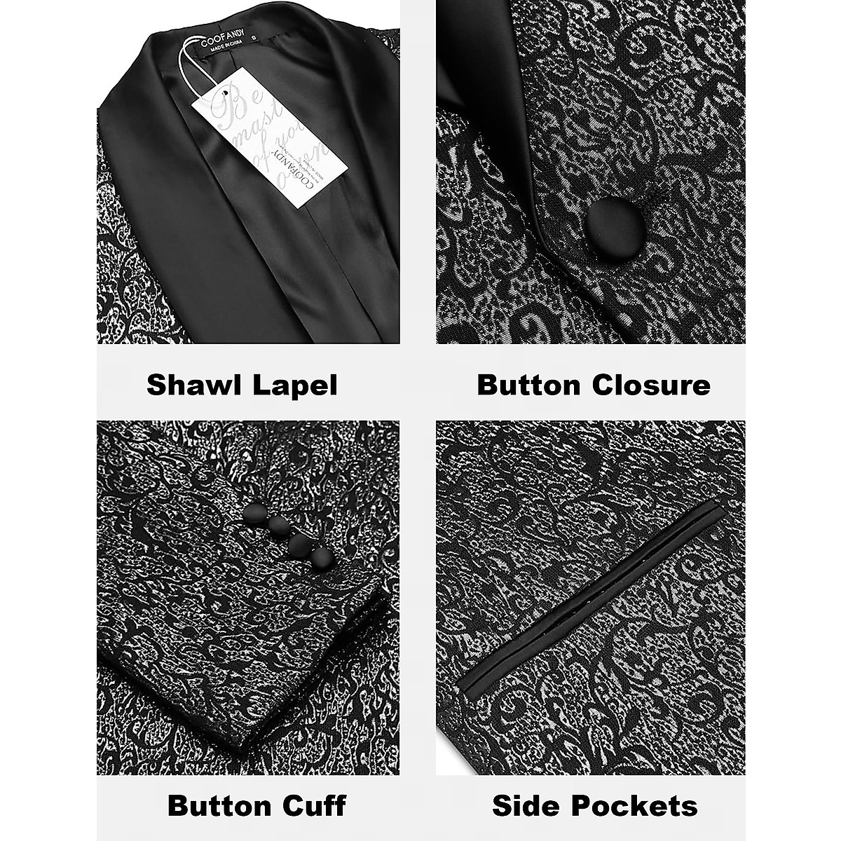 COOFANDY Mens Floral Tuxedo Jacket Jacquard Formal Blazer Homecoming Dress Suit Blazer Slim Fit for Christmas Prom Wedding Homecoming Silver