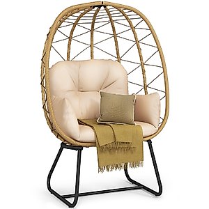 DWVO Egg Basket Chair Patio Chair with Stand Anti-Slip All-Weather Poratble Wicker Egg Lounger Chair for Indoor Outdoor 330LBS (Beige)