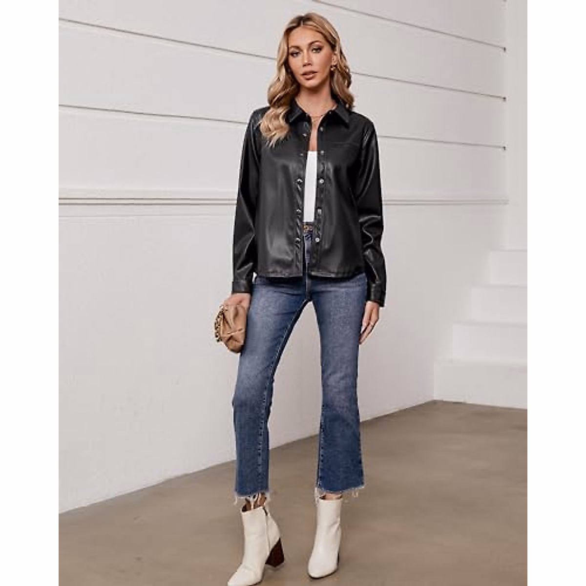 luvamia Faux Leather Jackets for Women Long Sleeves Vegan Leather Shackets Jacket Side Pockets Trendy Moto Biker Coat Womens Shacket Fall Outfits for Women 2023 Black Blazer for Women Size 16 Size 18