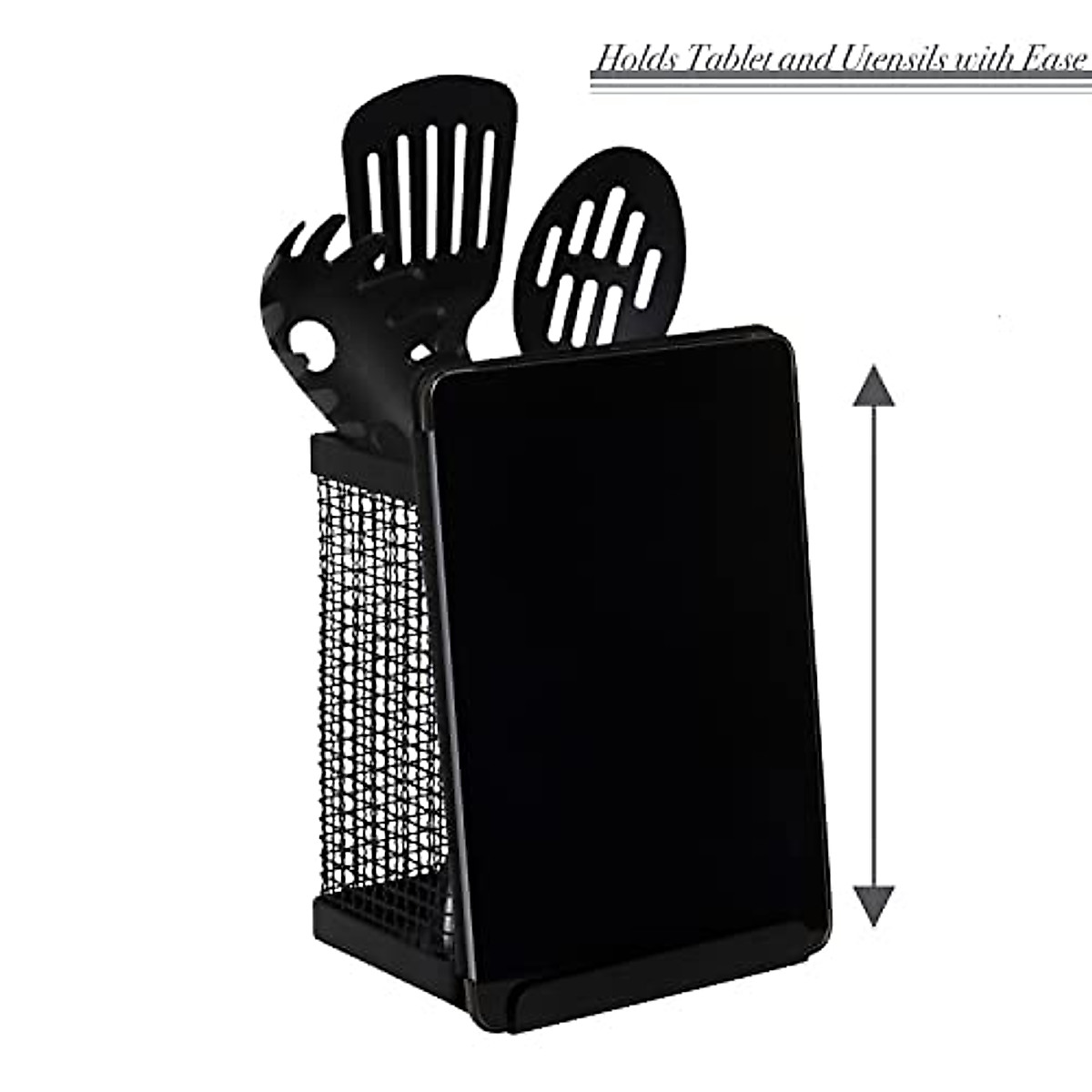Kitchen Details Industrial Collection Tablet and Utensil Holder | Dimensions 6.69" x 5.51" x 7.48" | Freestanding | Rust Resistant | Kitchen Accessories | Matte Black