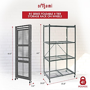 Origami 4-Shelf Foldable Storage Shelves | for Garage Kitchen Bakers Closet, Metal Wire, Collapsible Organizer Rack, Holds up to 1000 pounds, Powder-Coated Steel, Heavy Duty | Pewter