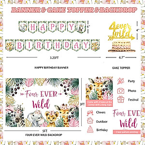 Fiesec Four Ever Wild Birthday Decorations Girl, Jungle Safari Animal Theme 4th Party Decorations Backdrop Balloons Garland Banner Cake Cupcake Topper Poster Crown Lion Cheetah Giraffe Pink 117 PCs
