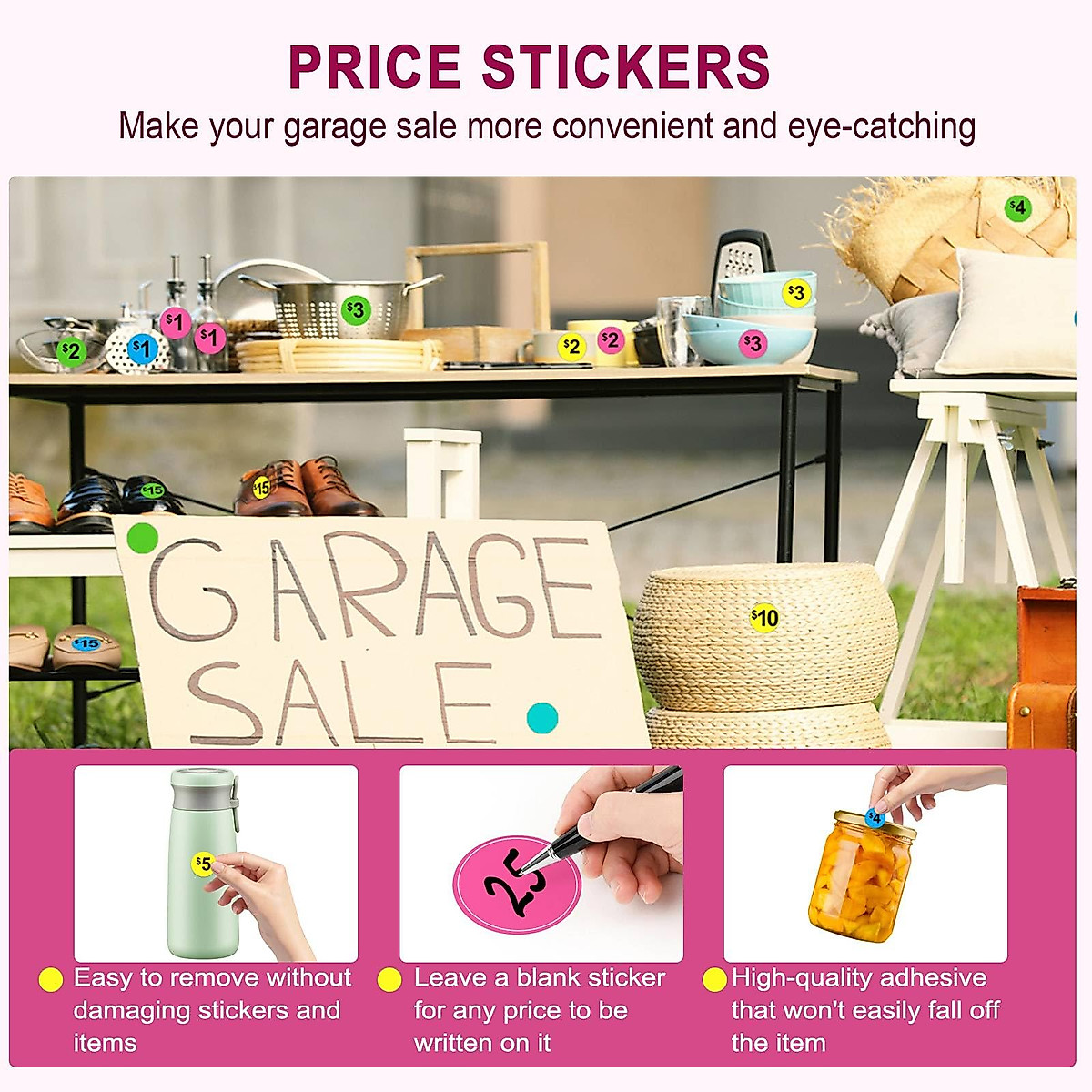 Dreecy 1920 PCS Yard Sale Price Stickers Garage Sale Pre-Priced Pricing Labels 3/4" Diameter Flea Market Pre-Printed Pricing Stickers for Retail,Bright Neon Colors (Pink Green Blue Yellow)
