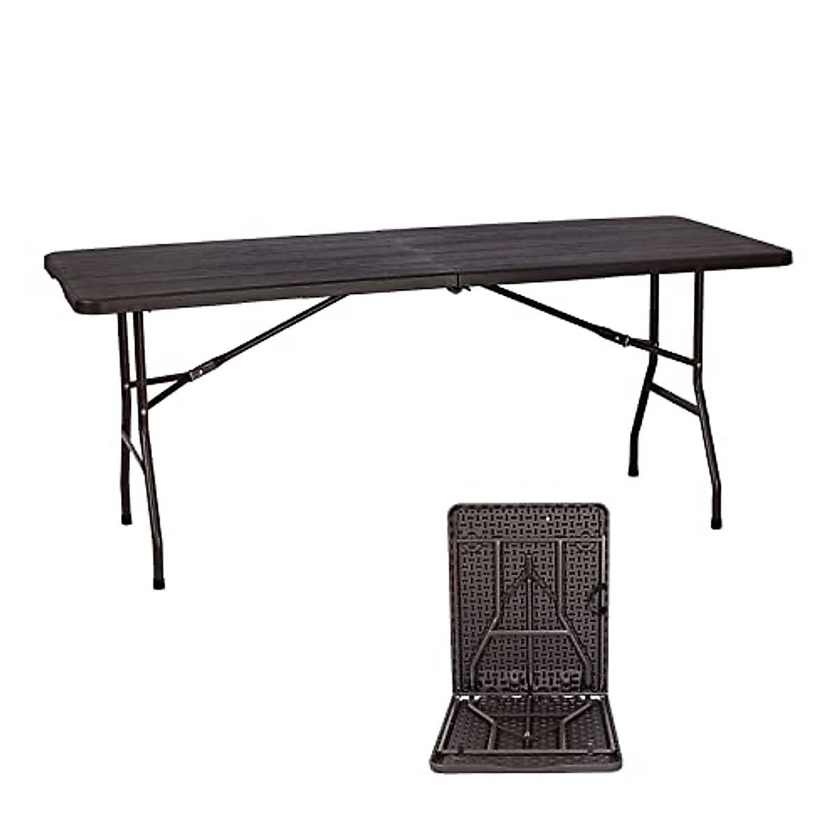 Lakhow 180 6-Foot Brown Wood Grain Folding Table Indoor and Outdoor Picnic, Barbecue, Party, Portable Folding Table with Handle, 6ft