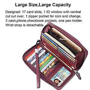 Lavemi Women's RFID Blocking 100% Leather Large Capacity Zip Around Wallet Phone Holder Clutch Travel Purse Wristlet(Large Size Pebbled Dark Magenta)