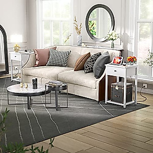 Ecoprsio Nightstand Set of 2 with Charging Station, White End Table Side Table with USB Ports, Wood Night Stand, White Bedside Table with Drawer and Shelf for Bedroom, Living Room, Sofa Couch, White