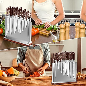 Magnetic Knife Holder Stand Block: Double Sided Magnetic Knife Holder Without Knifes Stainless Steel Knife Display Storage Rack for Kitchen Counter with Strong Enhanced Magnet and Wood Base - Silver