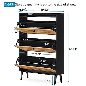 Freestanding Shoe Rack Organizer Shoe Storage Cabinet with 3 Flip Down Drawers for Entryway Hallway Closet Wood Grain/Black Black Yellow Metal Finish Adjustable Shelving Includes Hardware