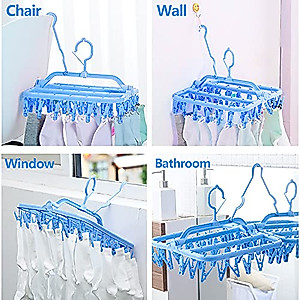 ZENFUN 3 Pack Foldable Laundry Hanger Drying Rack with 32 Clips, Plastic Laundry Clips and Drip Drying Hanger for Socks, Underwears, Towel, Scarf, Side Hanging, Anti-Wind, Blue