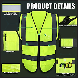 10 Pack Safety Vest with Pockets and Zipper High Visibility Reflective Safety Vest for Women Men Work, Construction, Cycling, Running