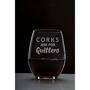 Lushy Wino - Corks Are For Quitters | 18oz. Etched Stemless Wine Glass: Dishwasher Safe Funny Wine Glasses For Women in Gift-Ready Box