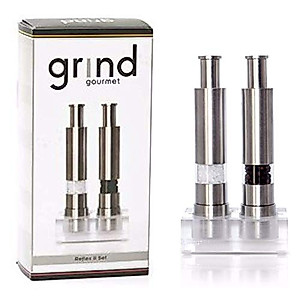 Grind Gourmet Salt and Pepper Grinder Set, Original Pump & Grind Peppermill are Refillable, Modern Thumb Press Grinder, Comes with Black Pepper, Sea Salt and Stand, Works With Himalayan Salts