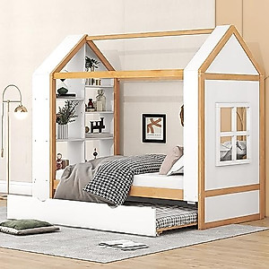 Harper & Bright Designs Twin House Bed for Kids,Wood House Bed with Trundle,Twin Size Platform Bed with Storage Shelves and Window,Twin Playhouse Bed for Girls Boys,White