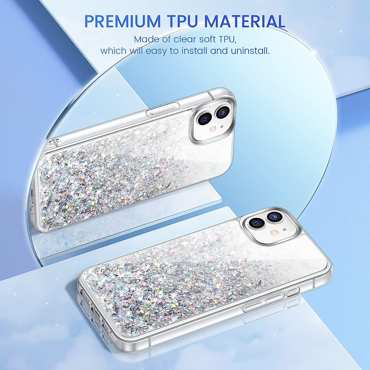 Caka iPhone 12 Pro Case, Glitter with Liquid Sparkle, White Mineral Oil, TPU Material, Wireless Charging Compatible, Silver (6.1 inches)