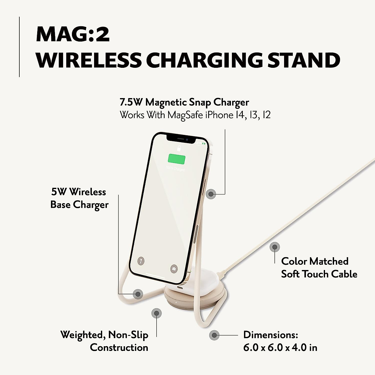 Courant MAG:2 Wireless Charging Stand - Belgian Linen, 2 in 1 Multi-Device Charger - Magnetic Stand for MagSafe iPhones with Charging Base for AirPod Cases, (Natural)