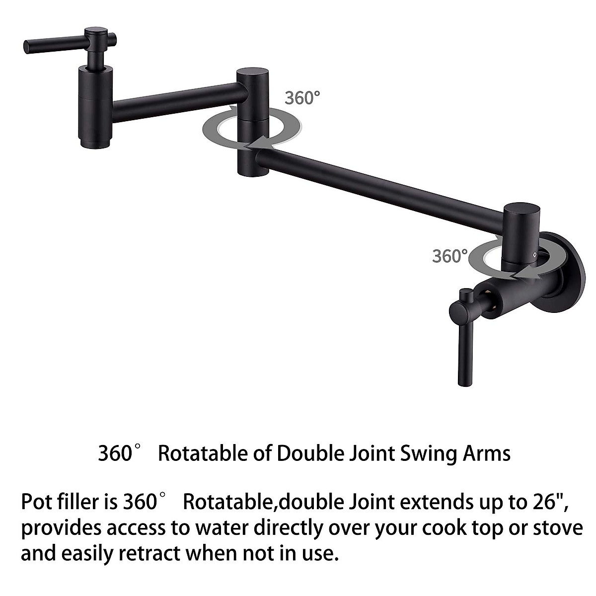 CAKIONG Matte Black Pot Filler Faucet Wall Mount Double Joint Swing Arm Folding Faucet Stretchable Brass Kitchen Faucet with Single Hole Two Handles