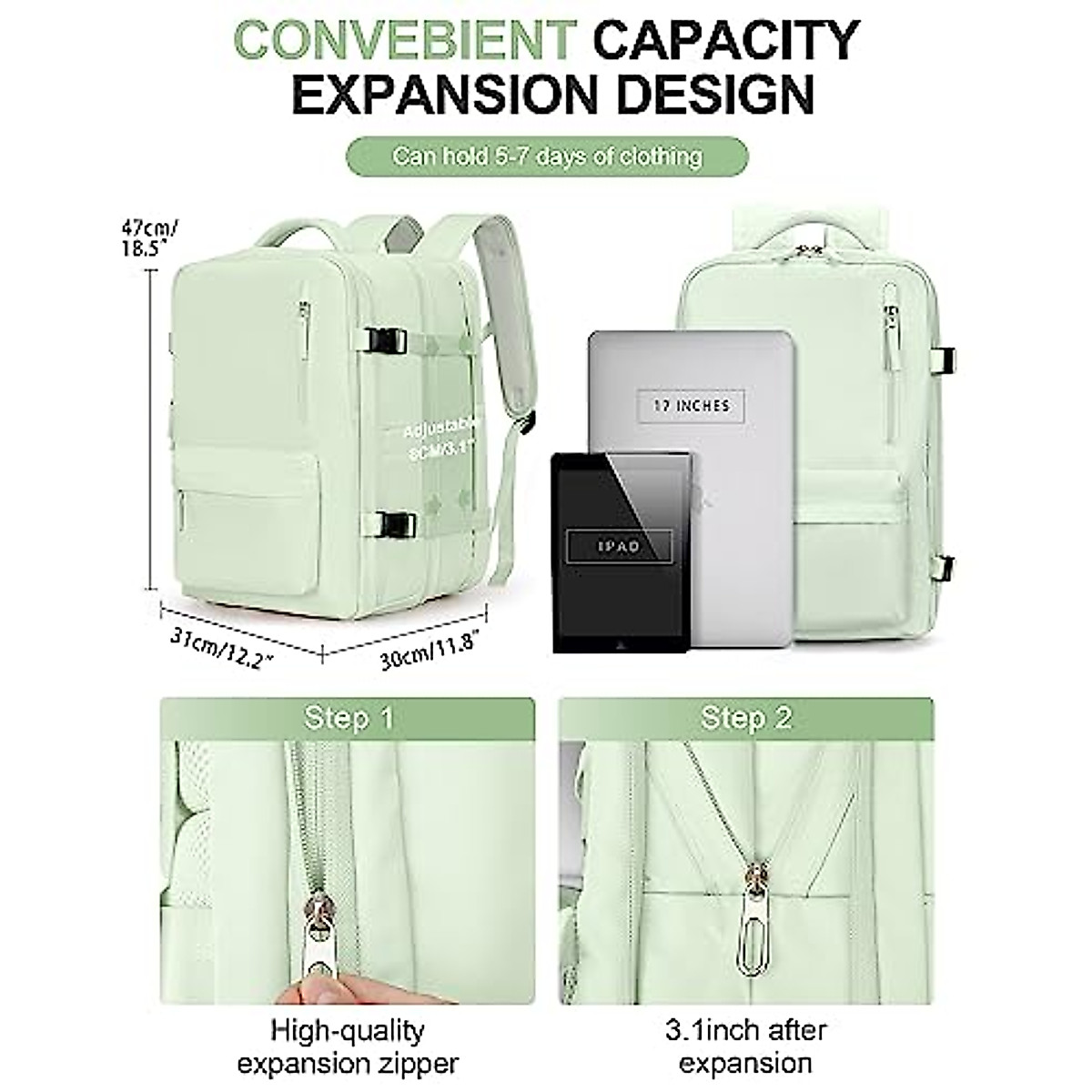 Large Travel Laptop Backpack, Expandable Flight Approved Backpack, Carry on Backpack for Women, Waterproof 17inch Laptop Hiking Backpack with Shoe Compartment, Mint Green