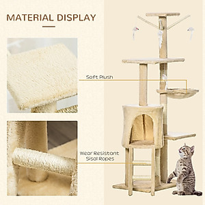 PawHut 53" Plush Sturdy Interactive Cat Condo Tower Scratching Post Activity Tree House - Beige