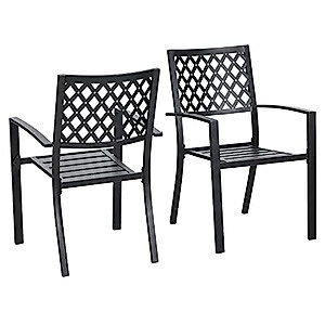 MFSTUDIO Black Metal Patio Stacking Chairs Wave Back Indoor Outdoor Dining Set Wrought Iron Chair with Arm, Set of 2