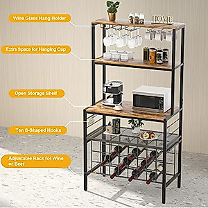 Unikito Wine Rack Table, Modern Freestanding Floor Liquor Bar Table Cabinet with Glass Rack Bottle Shelf, Industrial Wine Bar Cabinet with Storage and Hook for Home Kitchen Dining Room, Rustic Brown