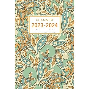 Planner July 2023-2024 June: 6x9 Medium Notebook Organizer with Hourly Time Slots | Creative Ethnic Flower Design Green
