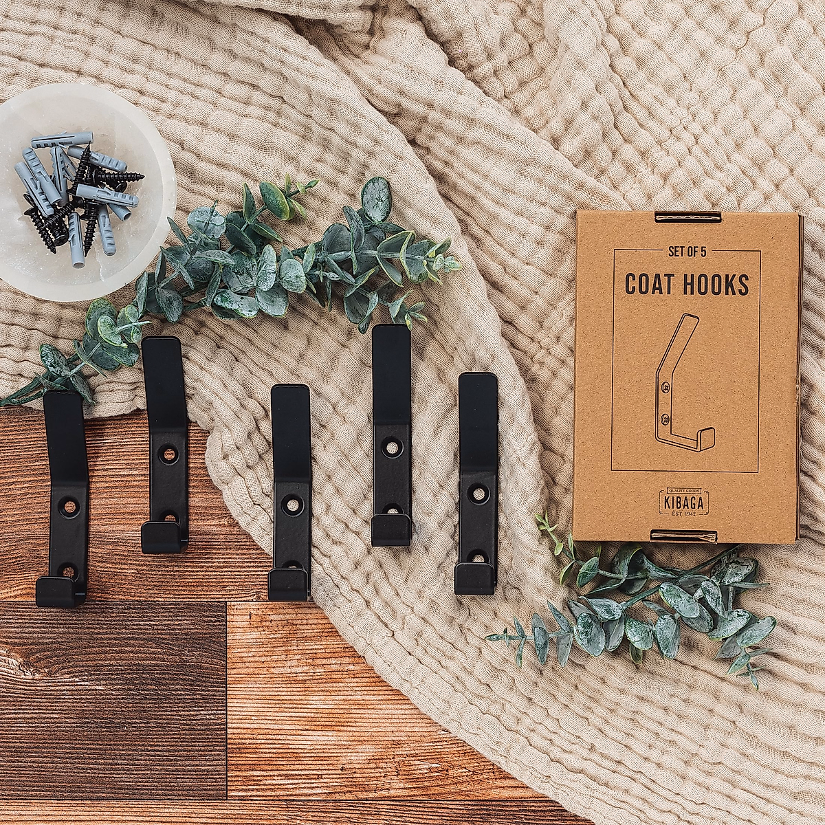 Decorative Coat Hooks For Wall Mount Set of 5 - Stylish and Sturdy Black Metal Double Hooks Are Perfect To Hang Your Jackets, Towels Or Hats - A Modern Addition To Any Farmhouse or Minimal Home Decor