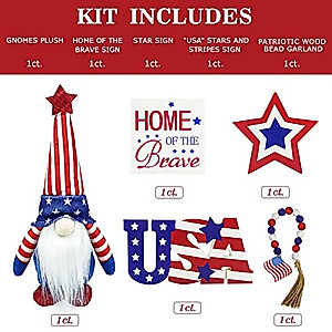 4th of July Decorations - Tiered Tray Decor - 3 Patriotic Wooden Signs - Gnomes Plush and Bead Garland - Farmhouse Rustic Decor Items for Home Table Memorial Day Independence Labor Red White Blue