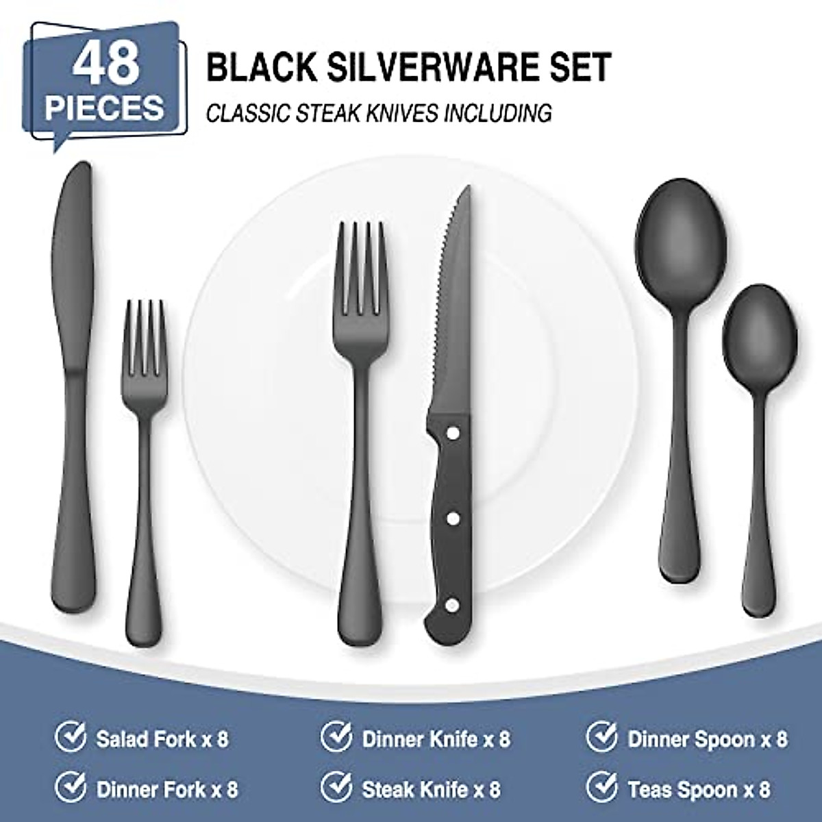 48-Piece Black Silverware Set with Steak Knives, AIVIKI Black Flatware Set for 8, Stainless Steel Cutlery Set, Tableware Utensils Includes Spoons Forks Knives for Home, Kitchen, Restaurant