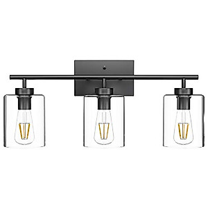 Aipsun 3 Lights Black Vanity Light Fixtures Over Mirror with Clear Glass Shades Industrial Wall Light Fixture for Bathroom(Exclude Bulb)