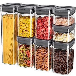 MR.SIGA 8 Piece Airtight Food Storage Container Set, BPA Free Kitchen Pantry Organization Canisters, One-Handed Airtight Plastic Containers with Lids for Cereal, Spaghetti, Pasta, Gray
