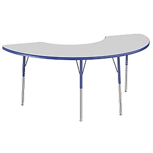 Factory Direct Partners 10077-GYBL Half Moon Activity School and Office Table (36" x 72"), Standard Legs with Swivel Glides, Adjustable Height 19-30" - Gray Top and Blue Edge