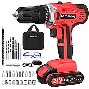 GardenJoy Cordless Power Drill Set: 21V Electric Drill with Fast Charger 3/8-Inch Keyless Chuck 2 Variable Speed 24+1 Torque Setting and 30pcs Drill/Driver Bits with Power Tool Bag