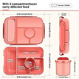 Dagugu Kids & Adult Bento Lunch Box, 5 Compartment Leakproof Lunch Containers, Microwave/Dishwasher/BPA Free (Pink)
